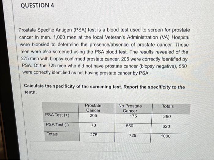 Solved Prostate Specific Antigen (PSA) test is a blood test | Chegg.com