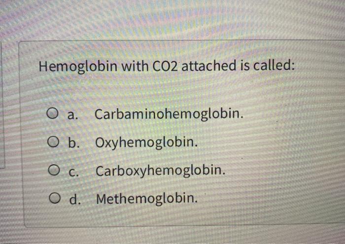 Solved Hemoglobin with CO2 attached is called: O a. | Chegg.com