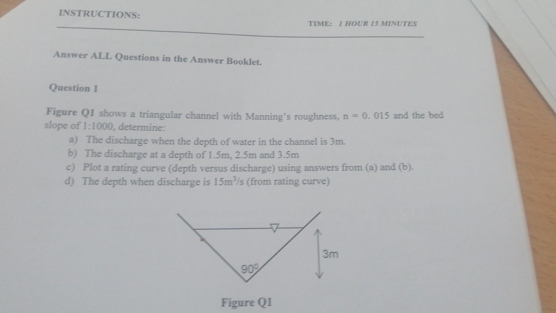 Solved Figure Q1 shows a triangular channel with Manning's | Chegg.com