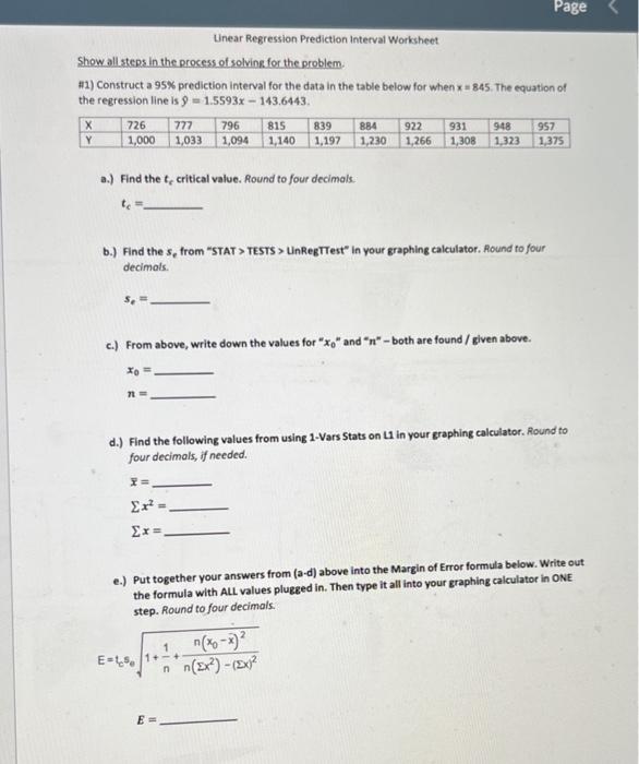 Solved Unear Regression Prediction interval Worksheet Show | Chegg.com