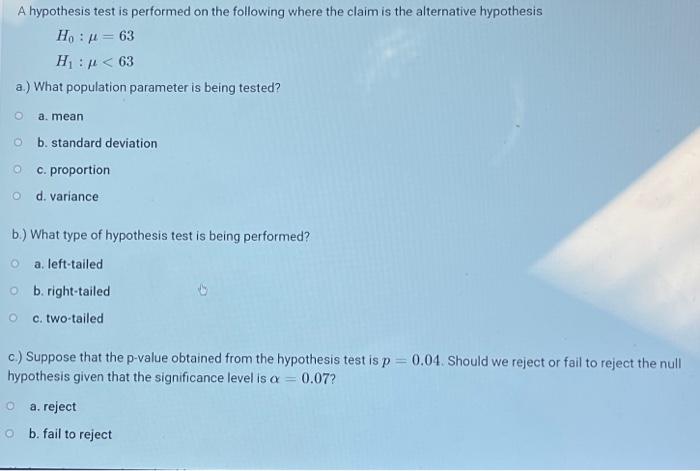 Solved H0:μ=63H1:μ