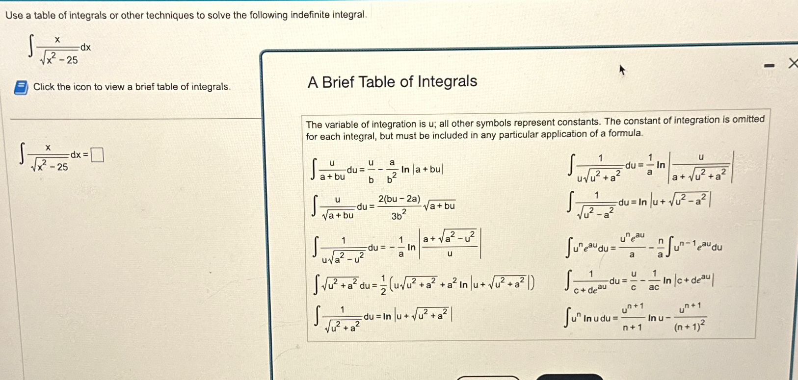 Solved Use a table of integrals or other techniques to solve | Chegg.com