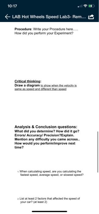 Solved 10:17 LAB Hot Wheels Speed Lab3- Rem... Speed | Chegg.com