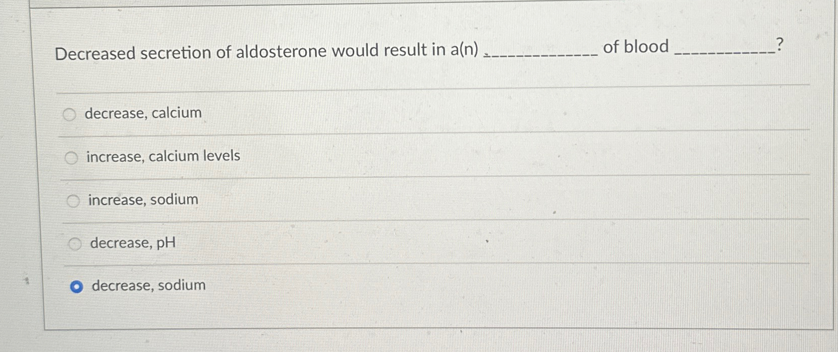 Solved Decreased secretion of aldosterone would result in | Chegg.com