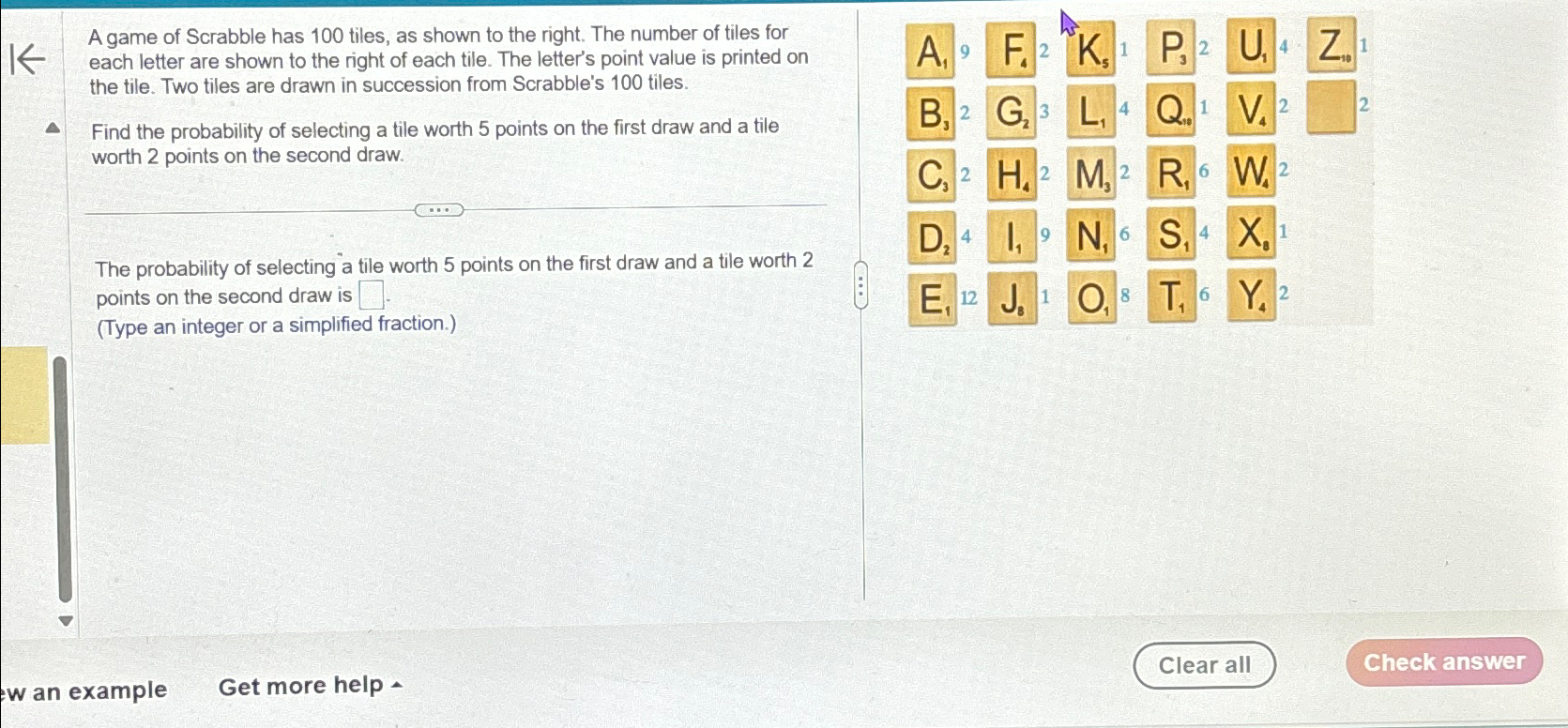 Solved A game of Scrabble has 100 ﻿tiles, as shown to the | Chegg.com