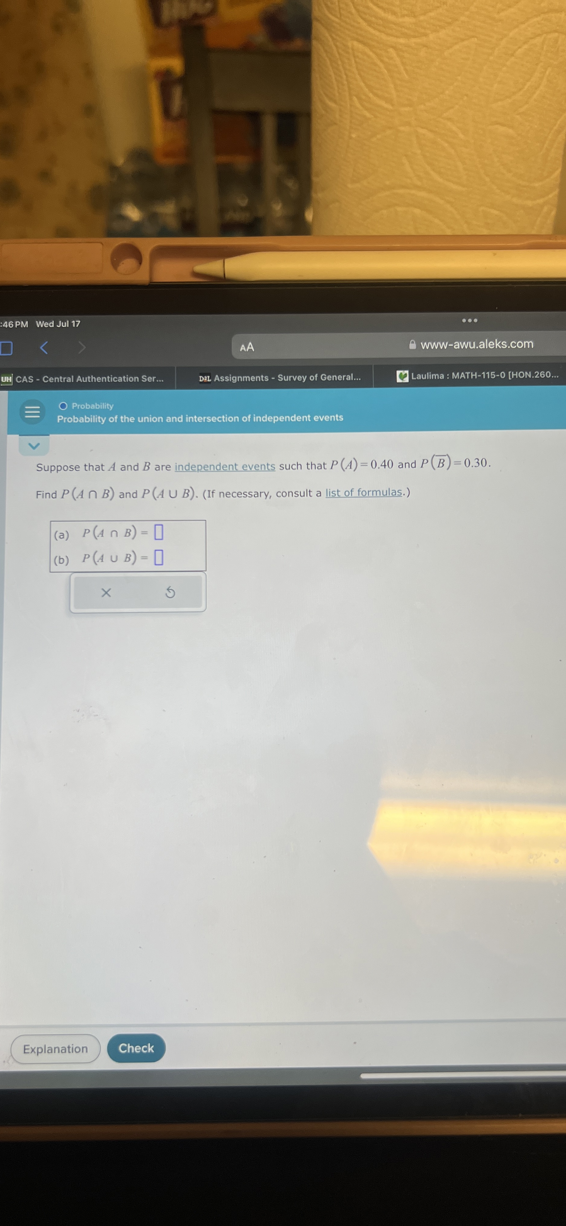 :46 ﻿PM Wed Jul 17AAwww-awu.aleks.comH CAS - ﻿Central | Chegg.com