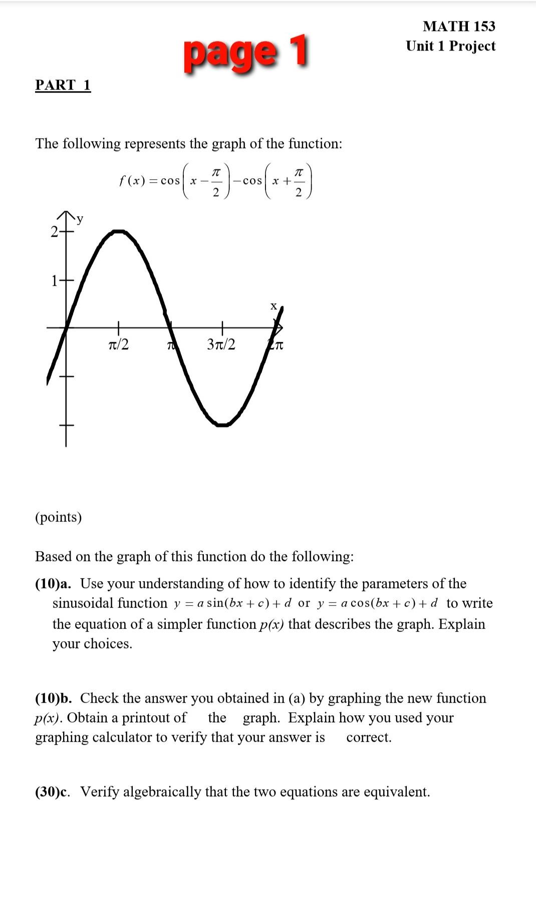 Solved MATH 153 Unit 1 Project page 1 PART 1 The following | Chegg.com