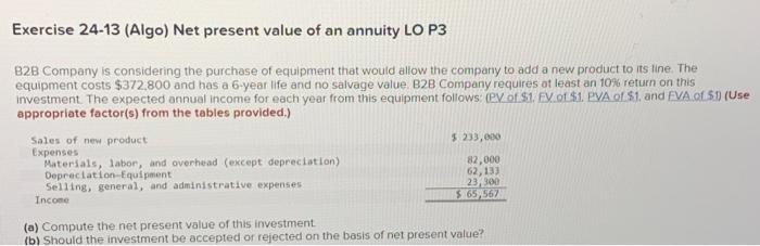 Solved Exercise 24-13 (Algo) Net present value of an annuity | Chegg.com