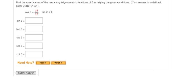Solved Find the exact values of the remaining trigonometric | Chegg.com