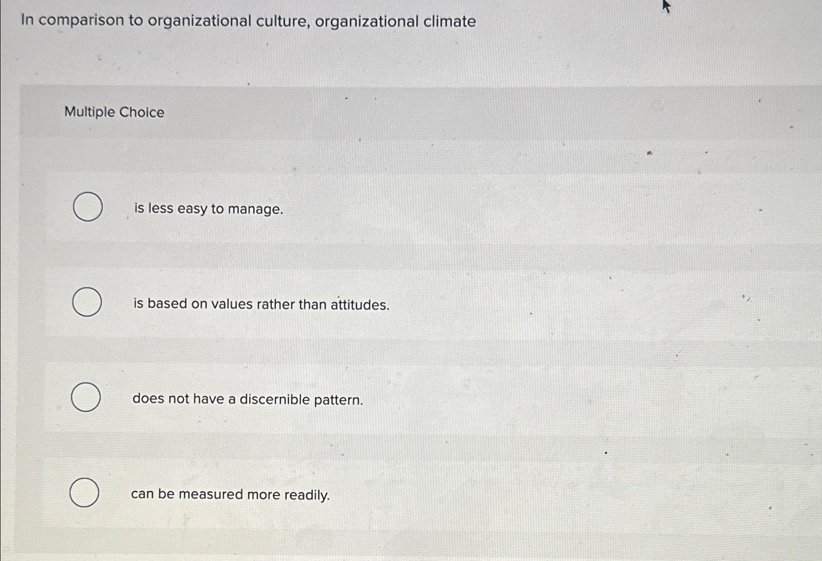Solved In comparison to organizational culture, | Chegg.com