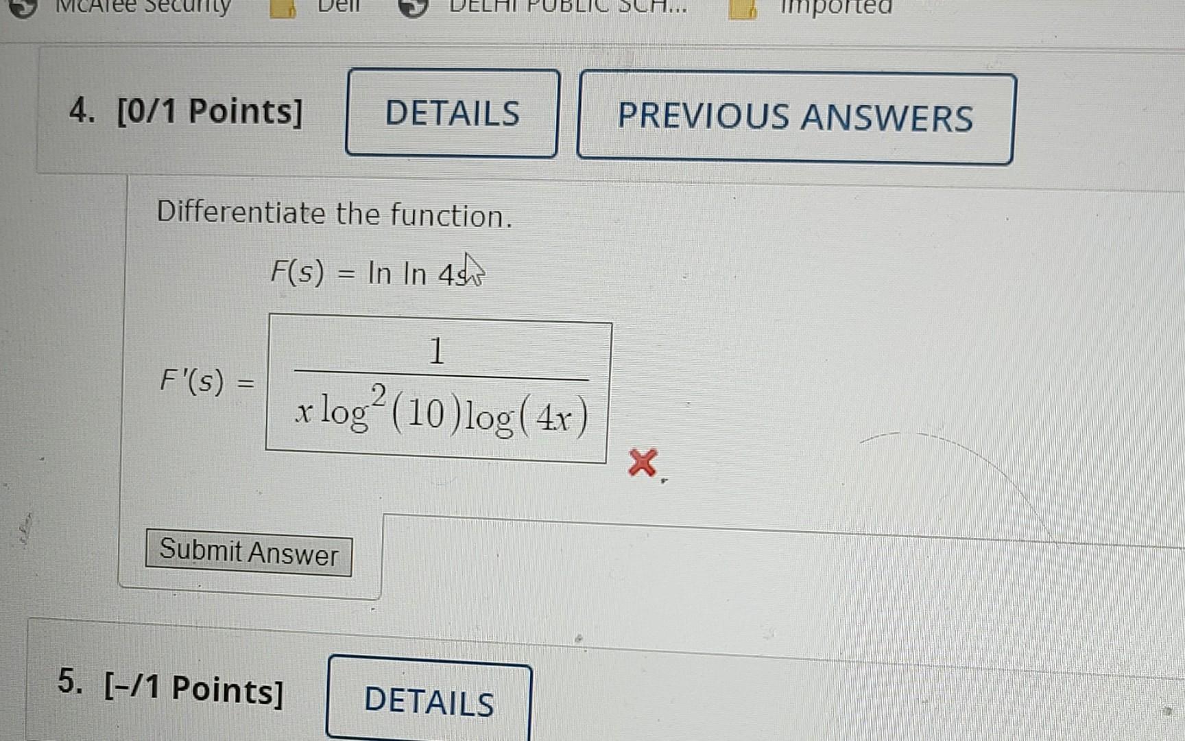 Solved Differentiate the function. F(s)=lnln4 ho | Chegg.com