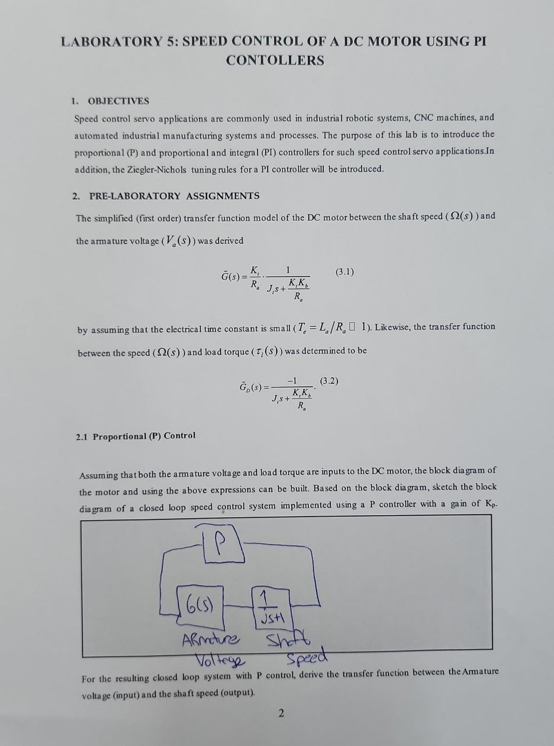 Solved LABORATORY 5: SPEED CONTROL OF A DC MOTOR USING PI | Chegg.com