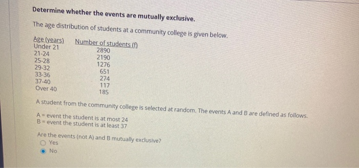 Solved Determine whether the events are mutually exclusive. | Chegg.com