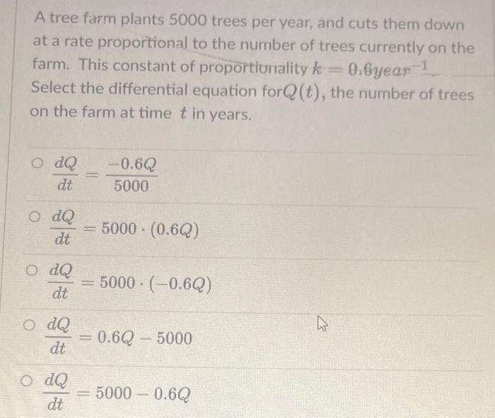 Solved A tree farm plants 5000 trees per year, and cuts them | Chegg.com