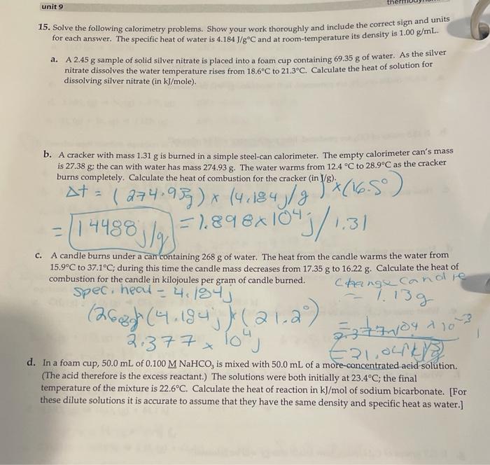 Solved unit 9 15. Solve the following calorimetry problems. | Chegg.com