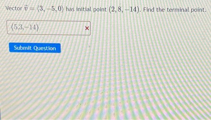Solved Vector v= 3,−5,0 has initial point (2,8,−14). Find | Chegg.com