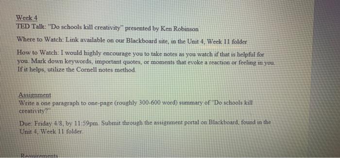 Solved Week 4 TED Talk: "Do schools kill creativity | Chegg.com