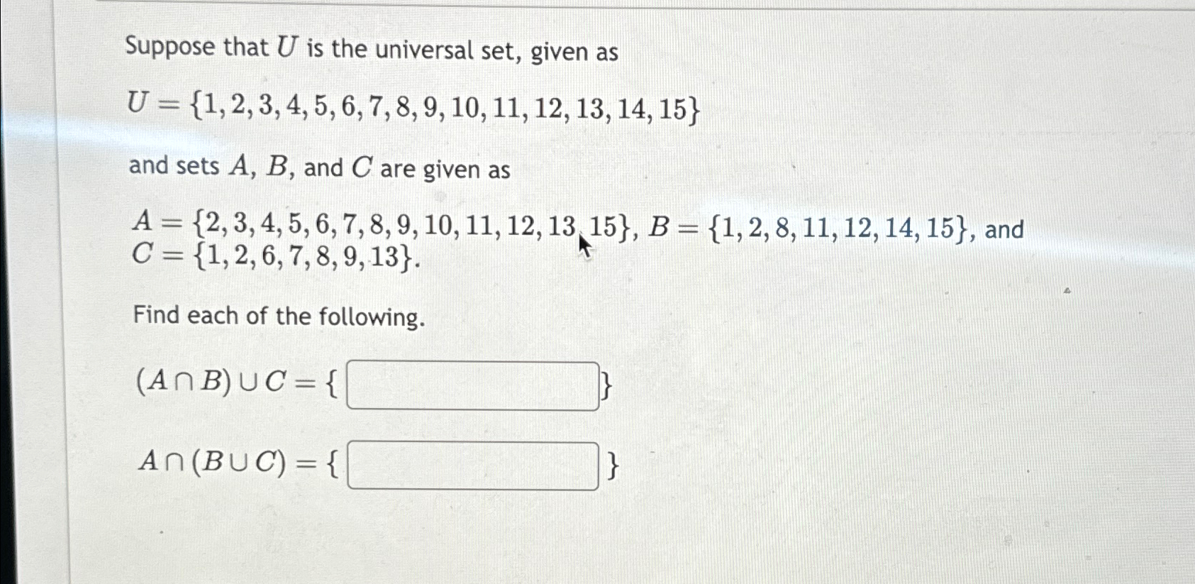 Solved Suppose that U ﻿is the universal set, given | Chegg.com