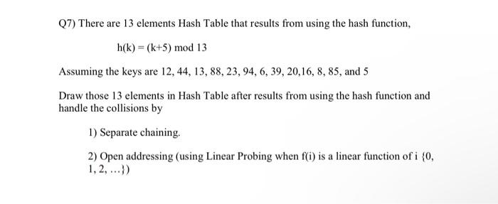 Solved Q7) There are 13 elements Hash Table that results | Chegg.com
