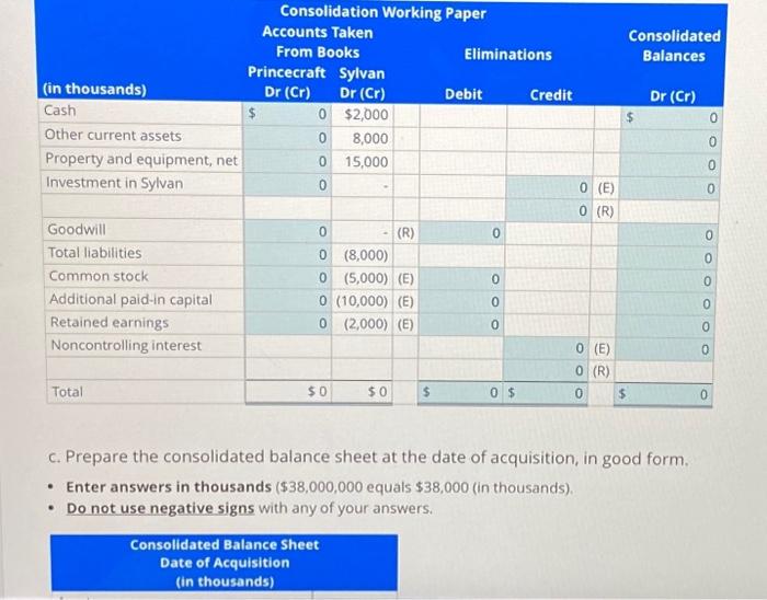 Solved Consolidation Working Paper, Date of Acquisition | Chegg.com