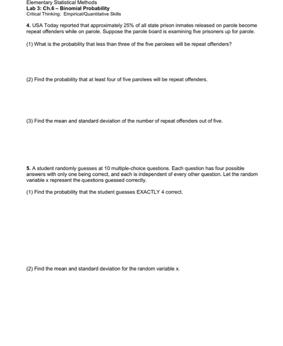 Solved Elementary Statistical Methods Lab 3: Ch.6 - Binomial | Chegg.com