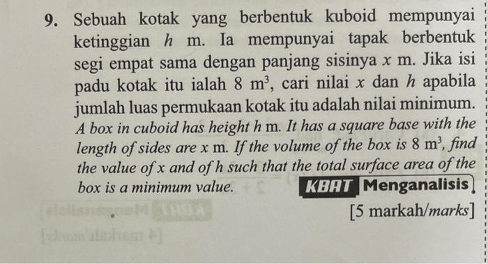 Solved 1 1 1 1 9. Sebuah kotak yang berbentuk kuboid | Chegg.com