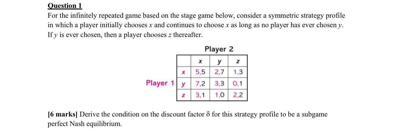 Solved Question 1For the infinitely repeated game based on | Chegg.com