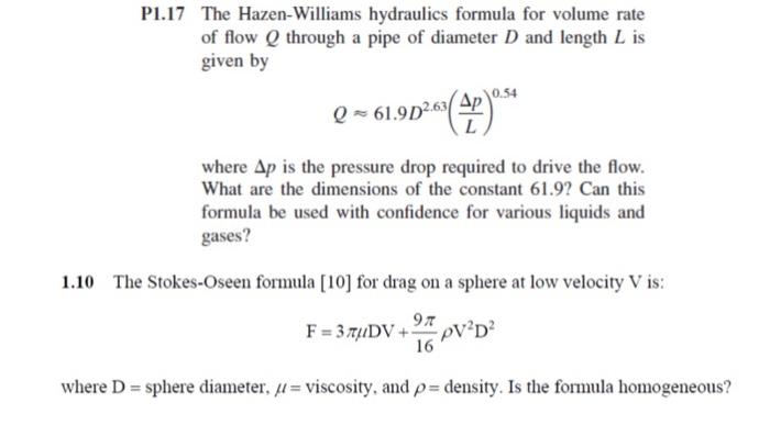 Solved P1.17 The Hazen-Williams hydraulics formula for | Chegg.com