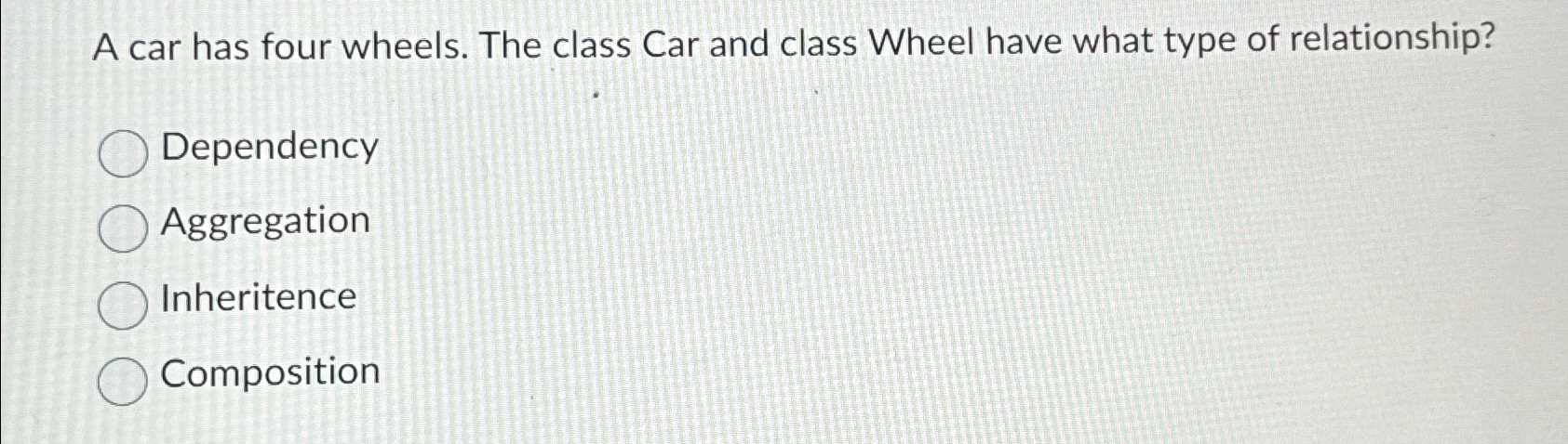 Solved A car has four wheels. The class Car and class Wheel | Chegg.com
