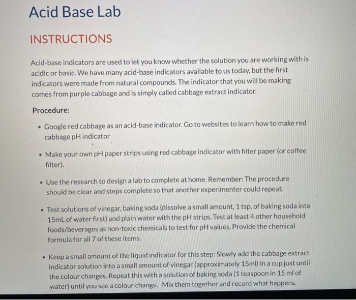 Solved Acid Base Lab INSTRUCTIONS Acid-base indicators are | Chegg.com