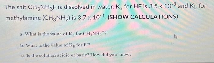 Solved The salt CH3NH3 F is dissolved in water. Ka for HF is | Chegg.com