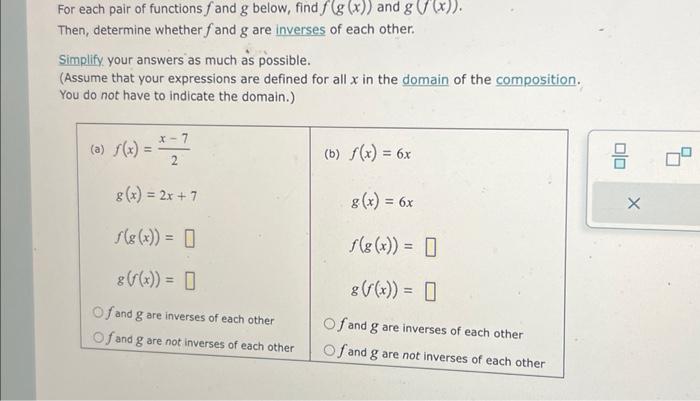 Solved For each pair of functions f and g below, find | Chegg.com