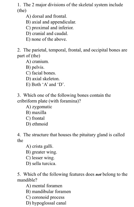 Solved 1. The 2 major divisions of the skeletal system | Chegg.com