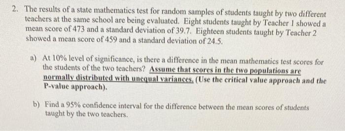 Solved 2. The results of a state mathematics test for random | Chegg.com