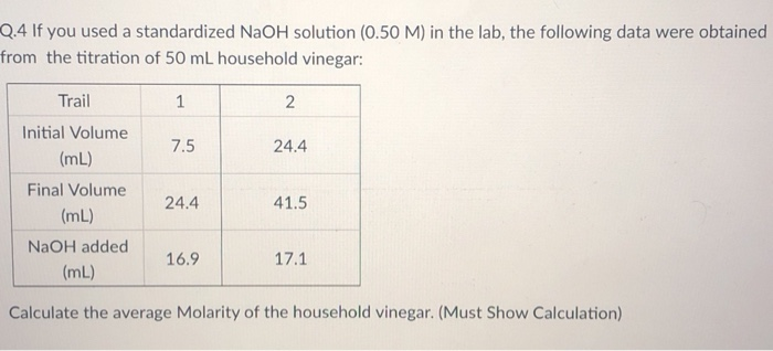 Solved Q.4 If you used a standardized NaOH solution (0.50 M) | Chegg.com