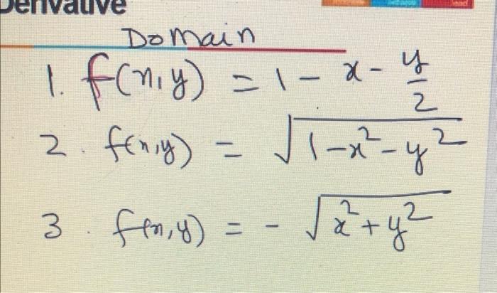 Solved 1. f(n,y)=1−x−2y 2. f(x,y)=1−x2−y2 3⋅f(x,y)=−x2+y2 | Chegg.com