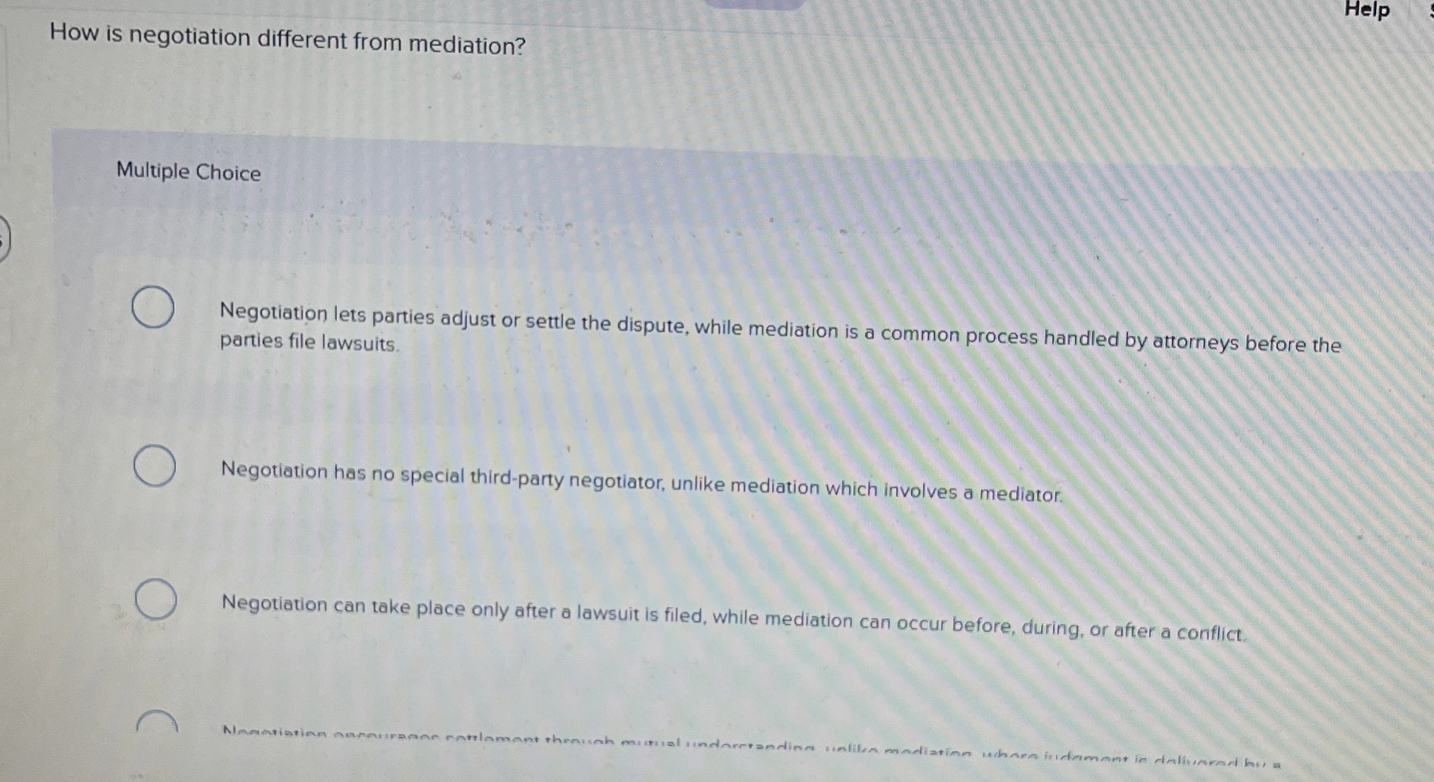 Solved How is negotiation different from mediation?Multiple | Chegg.com