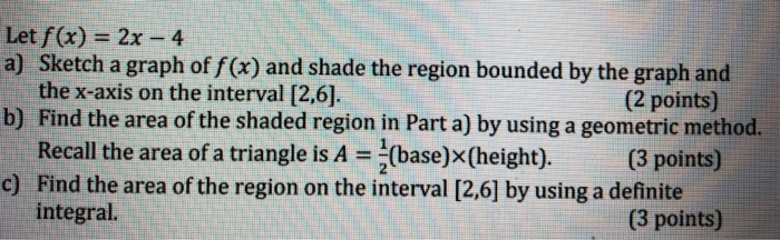 Solved Let f(x) = 2x - 4 a) Sketch a graph of f(x) and shade | Chegg.com
