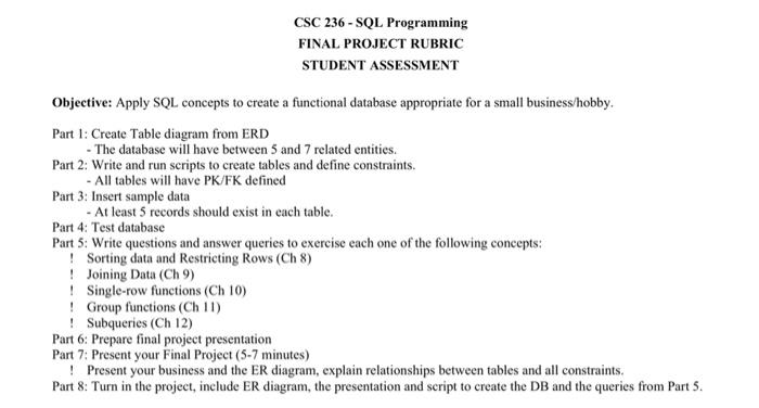 CSC 236 - SQL Programming FINAL PROJECT RUBRIC | Chegg.com