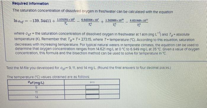 Solved Required Information The saturation concentration of | Chegg.com