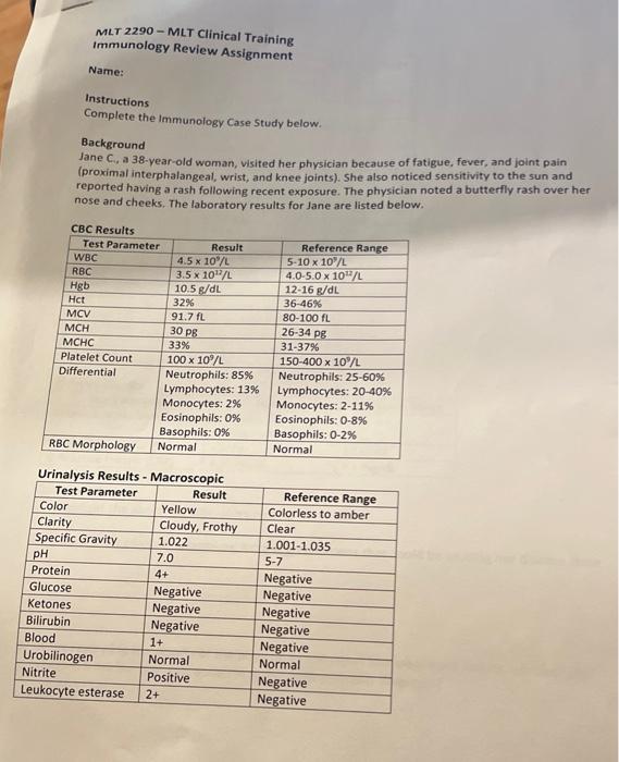 Solved MLT 2290 - MLT Clinical Training. tmmunology Review | Chegg.com