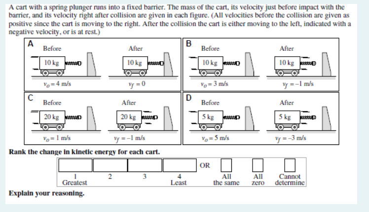 Solved A cart with a spring plunger runs into a fixed | Chegg.com