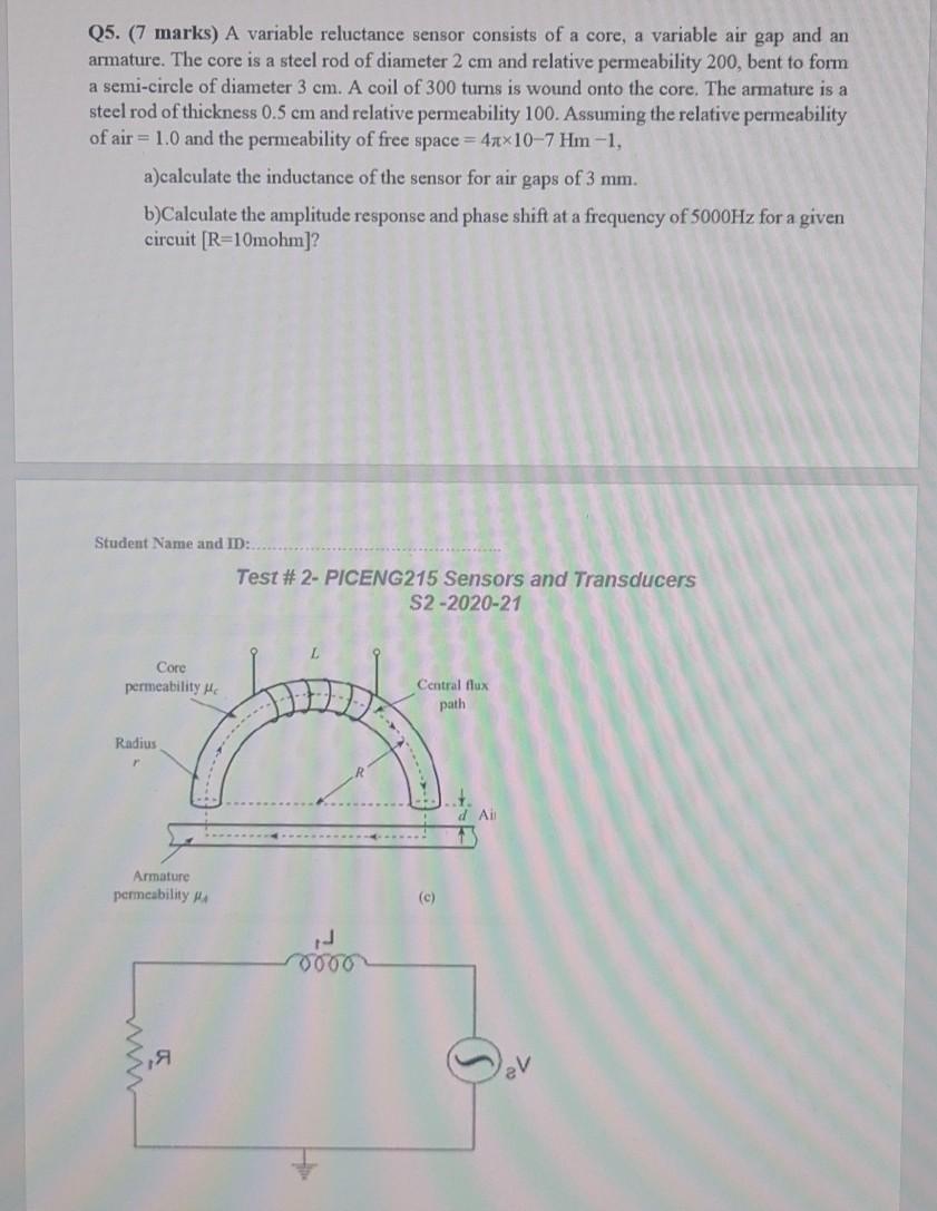 Solved Q5. (7 marks) A variable reluctance sensor consists | Chegg.com