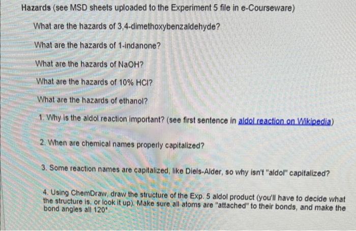 Solved Hazards (see MSD sheets uploaded to the Experiment 5 | Chegg.com