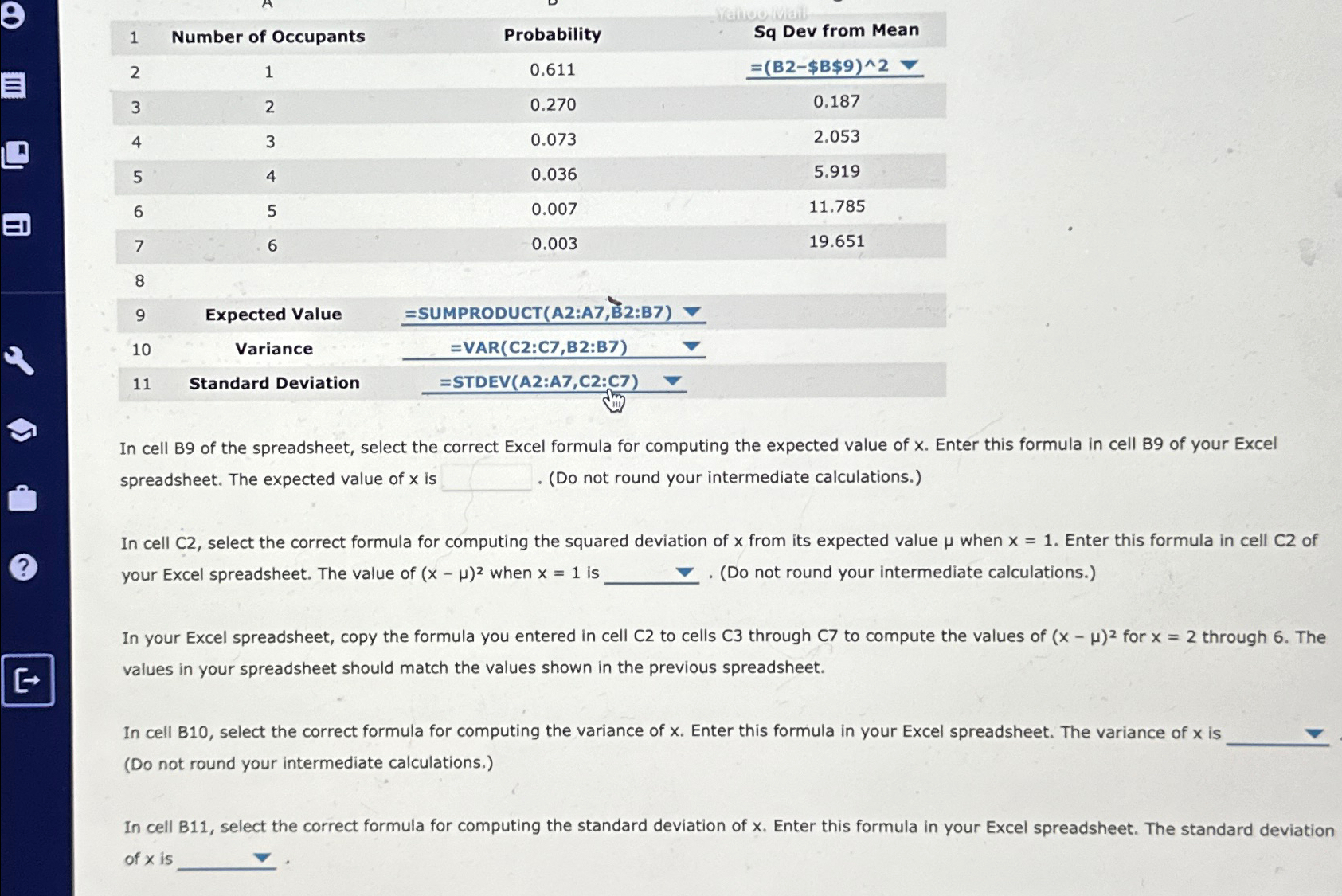 Solved \table[[1,Number of Occupants,Probability,Sq Dev from | Chegg.com
