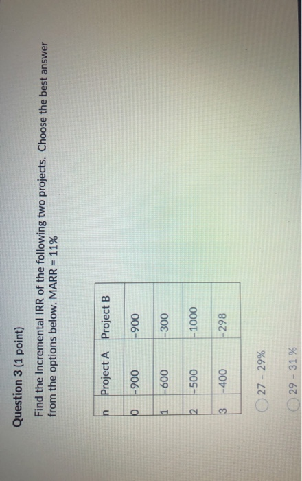 Solved Question 3 (1 point) Find the Incremental IRR of the | Chegg.com