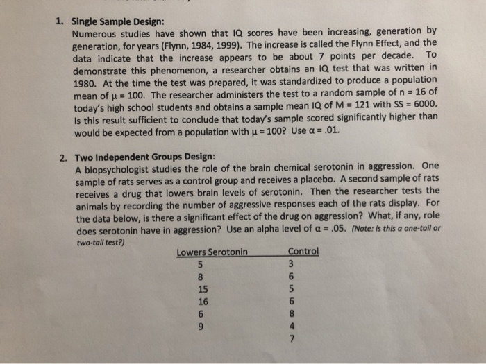 Solved 1. Single Sample Design: Numerous studies have shown | Chegg.com