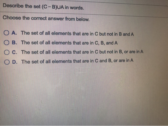 Solved Given sets A, B, C, and U, find the set A-B using the | Chegg.com