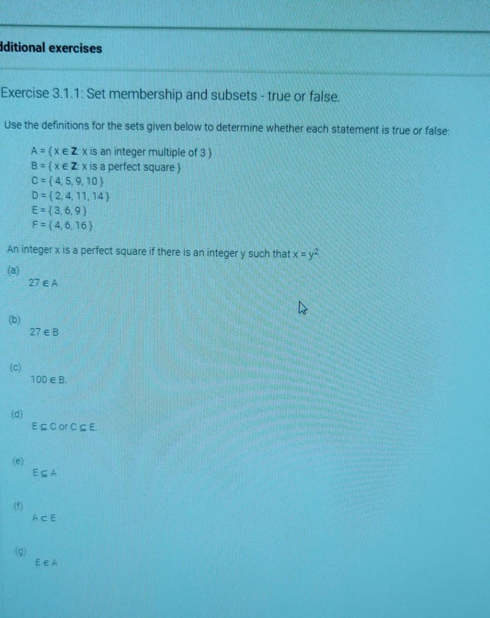 Solved Aditional exercises Exercise 3.1.1: Set membership | Chegg.com