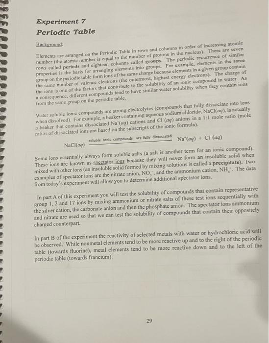 Solved Experiment 7 Periodic Table Backeround: Elements are | Chegg.com